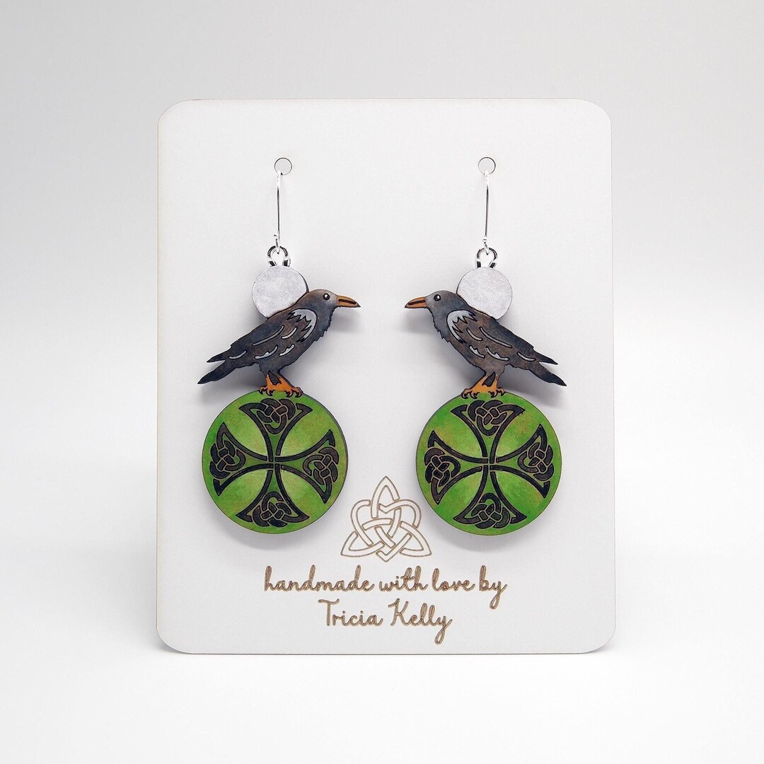 Handmade Earrings, Hand Painted Wood Jewelry, Raven Crow With a Green Celtic Irish Knot and Moon ...