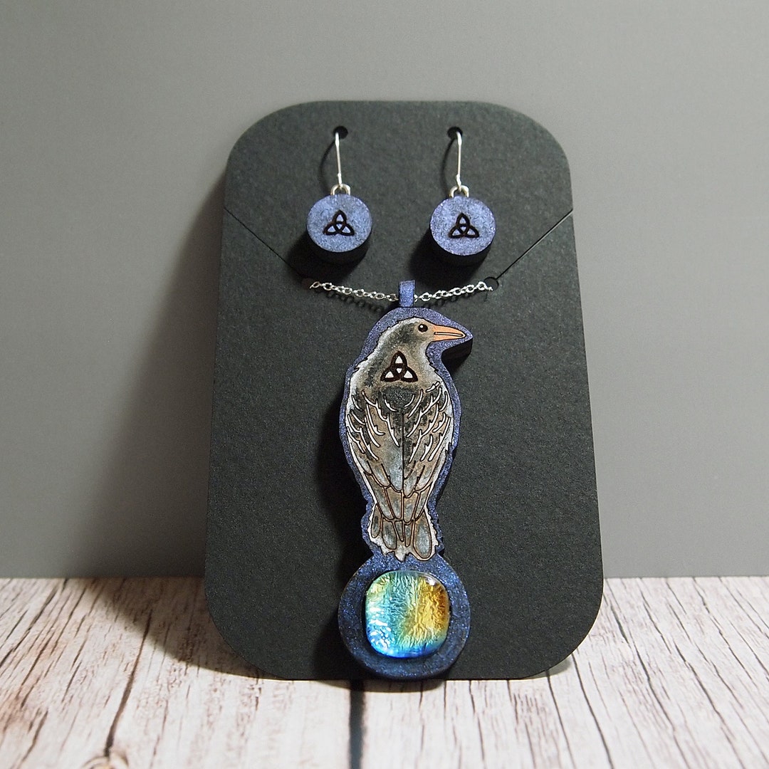 Hand Painted Raven Wood Pendant With 1 Dichroic Fused Glass Insert ...