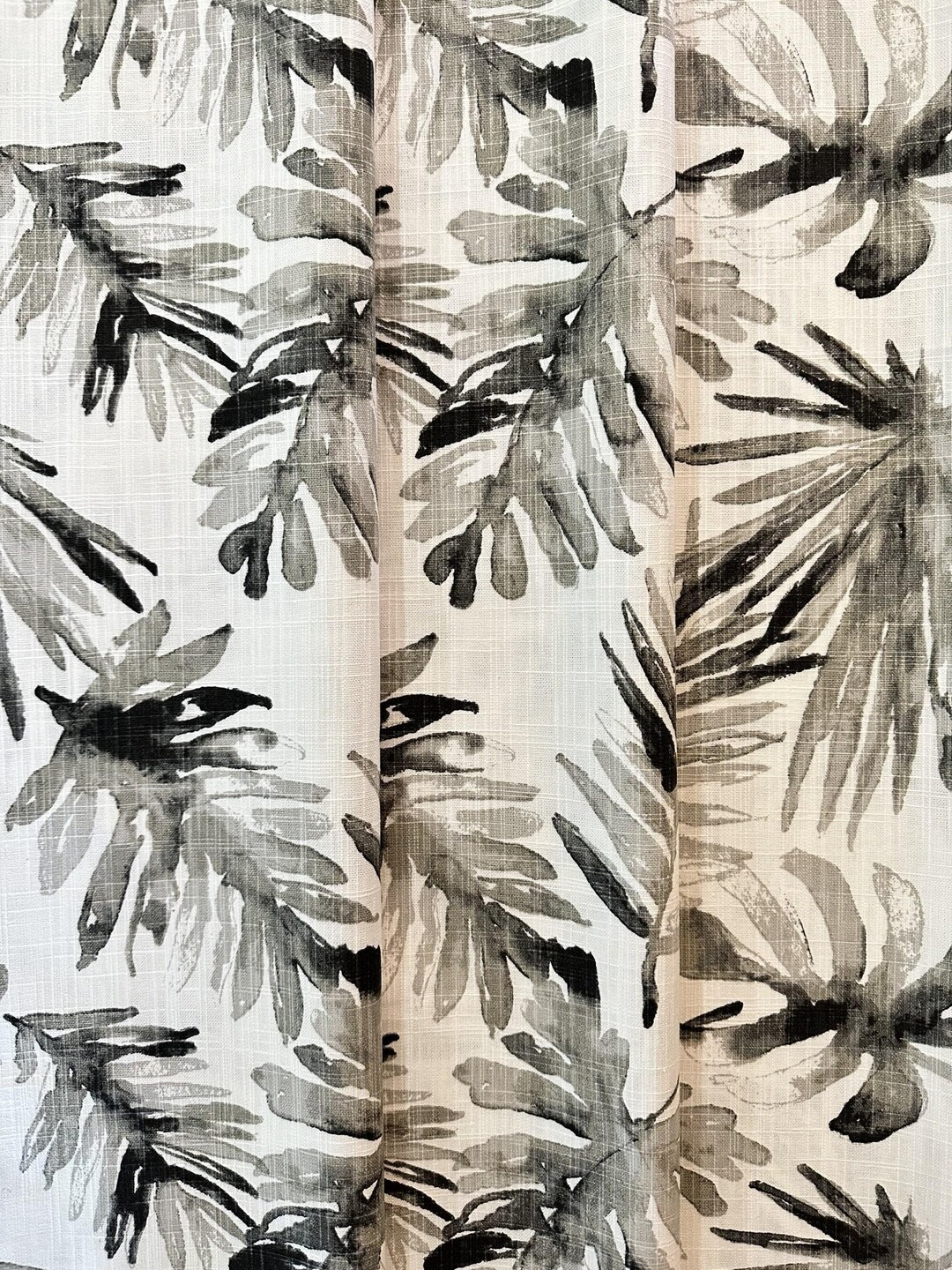 Curtain Panel, Frond Sable Charcoal Black, Medium Weight Cotton Slub ...
