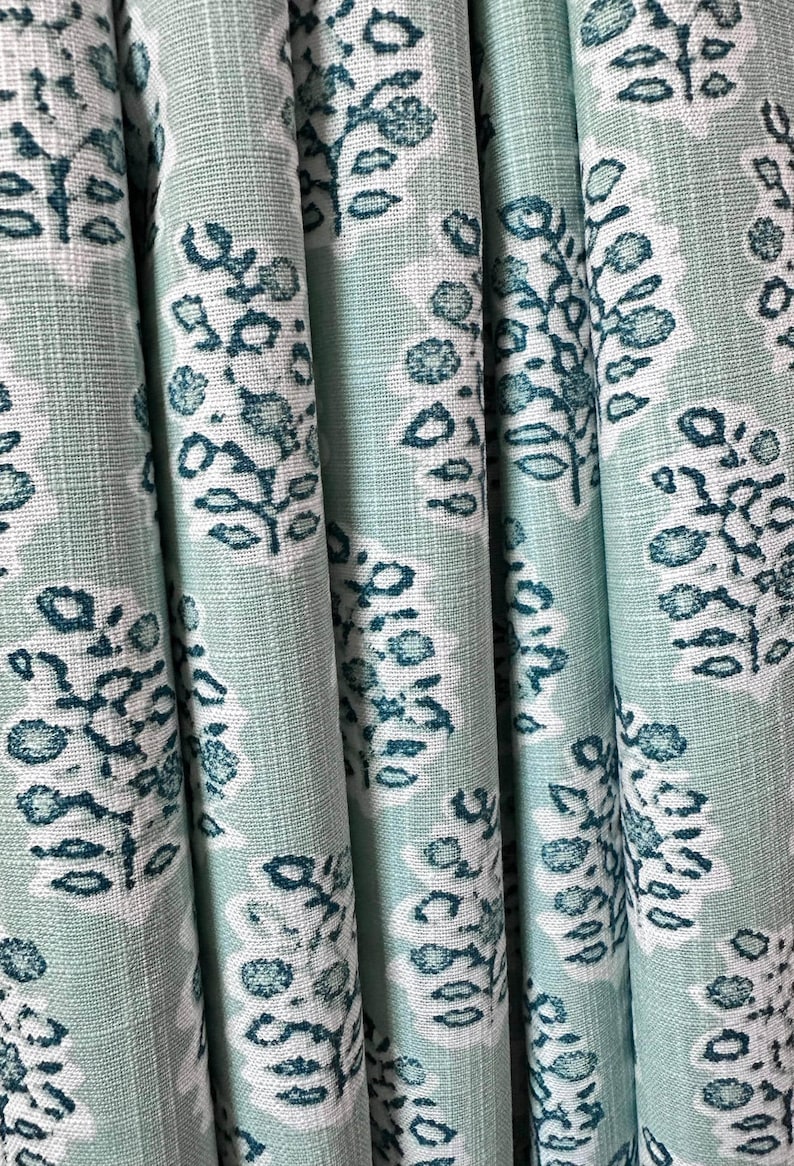 Floral Block Print Perry Blue Springs Curtains - Etsy