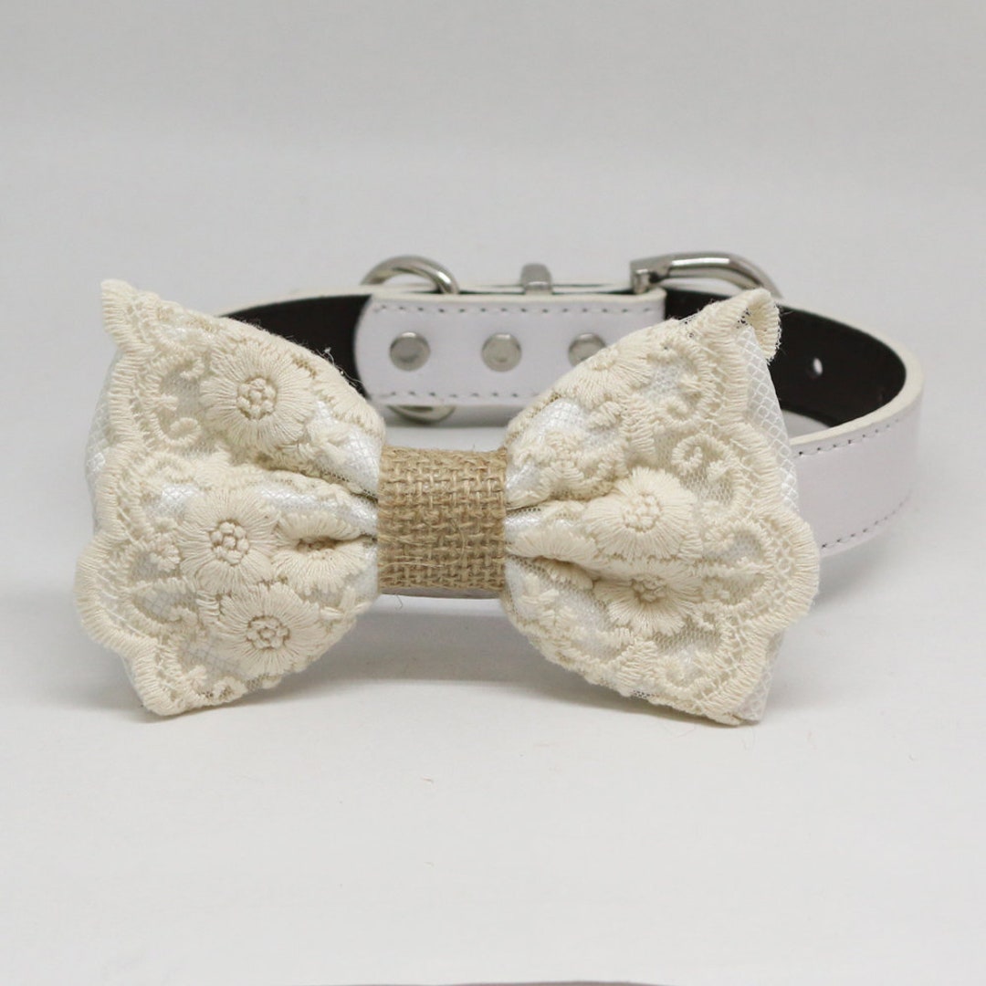 White Lace Bow Tie Collar, Handmade Dog Collar, Leather Dog Collar, Dog ...