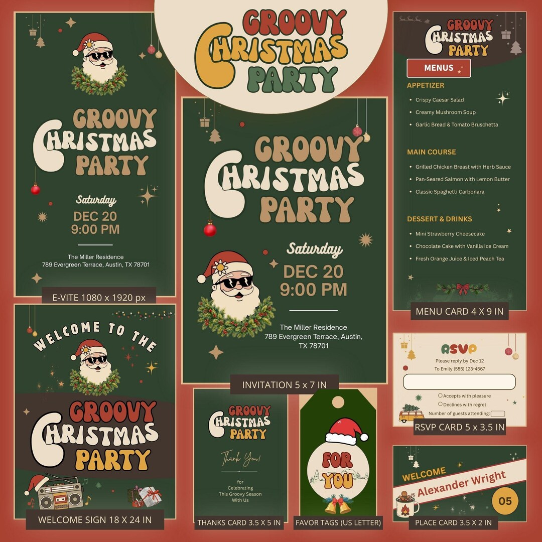 Groovy 70s Christmas Party Bundle, Editable Canva Templates (Digital ...