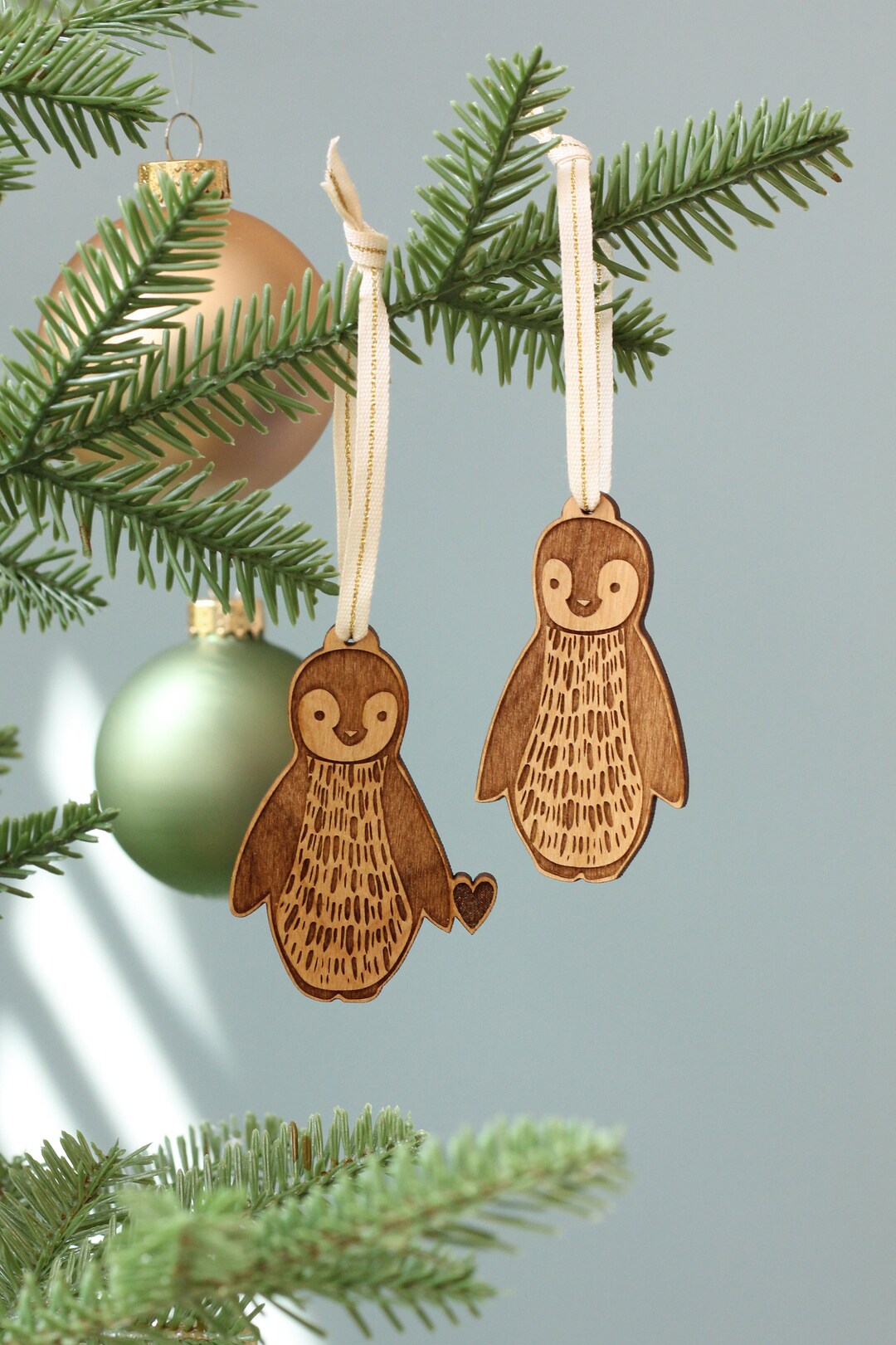 Penguins Ornaments (comes With 2) [personalized Gift, Penguin Pair Wood ...