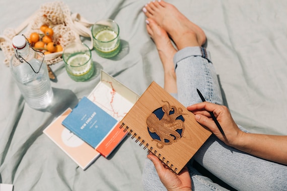 Wood Octopus Journal octopus Notebook Sketchbook Spiral - Etsy