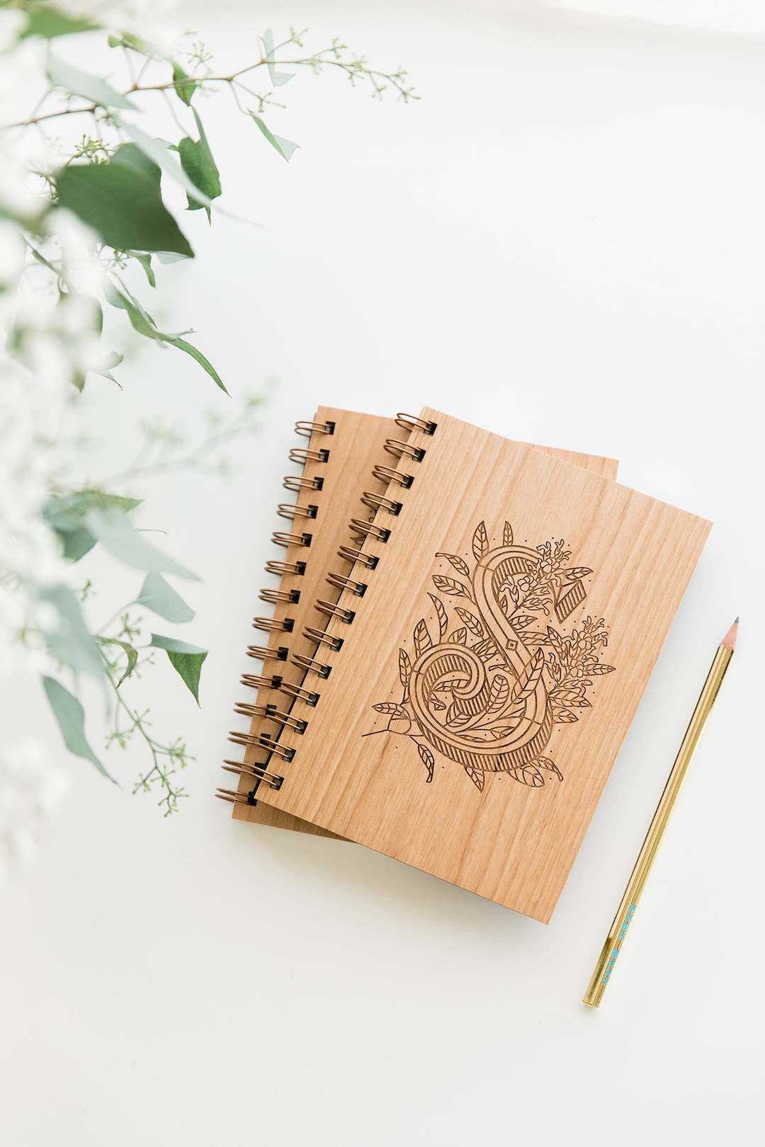 Floral Monogrammed Wood Notebook [letters, Wooden Notebook, Laser Cut ...