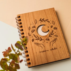 Moon Child Wood Journal notebook, Sketchbook, Spiral Bound, Blank Pages ...