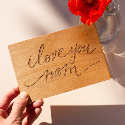 I Love You Mom Cursive Wood Mother's Day Card - Etsy