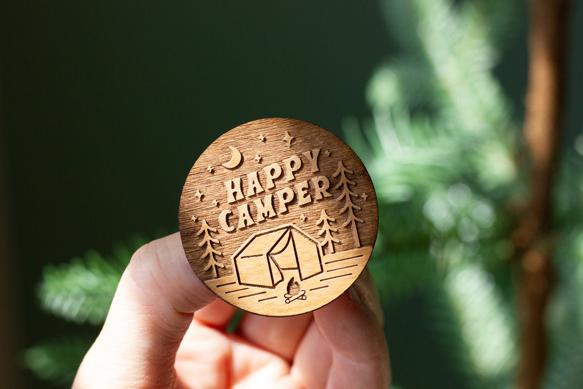 Happy Camper Wood Pin [gifts for All Occasions, Buttons, Badge, Lapel ...