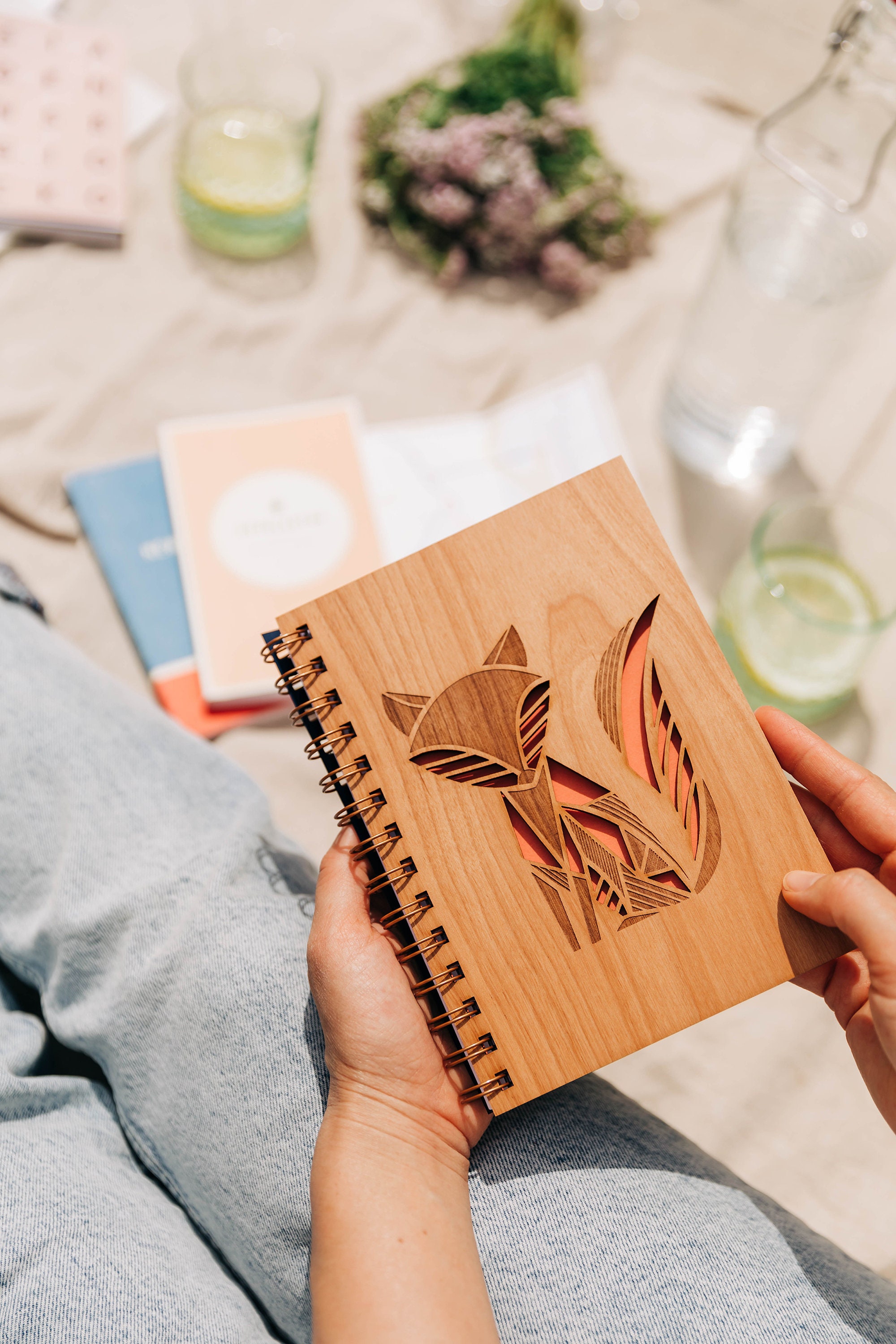 Patchwork Fox Wood Journal notebook Sketchbook Spiral | Etsy