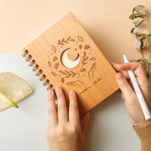 Moon Child Wood Journal notebook, Sketchbook, Spiral Bound, Blank Pages ...
