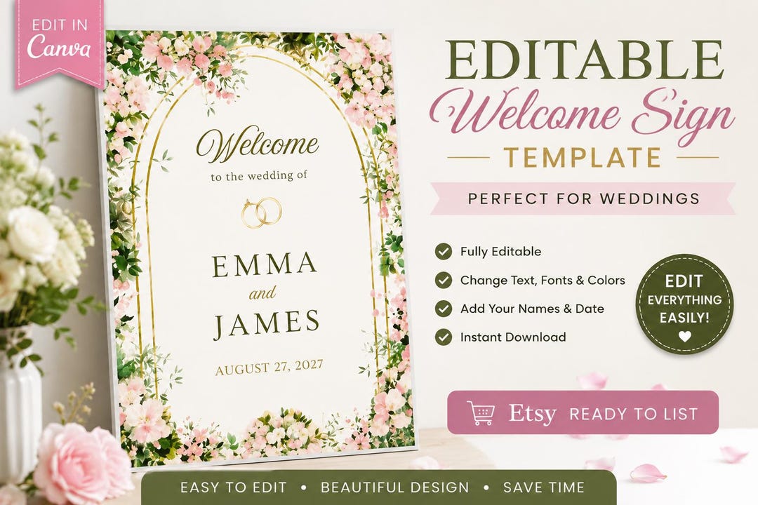 Editable Floral Wedding Welcome Sign Canva, Garden Wedding Signboard ...
