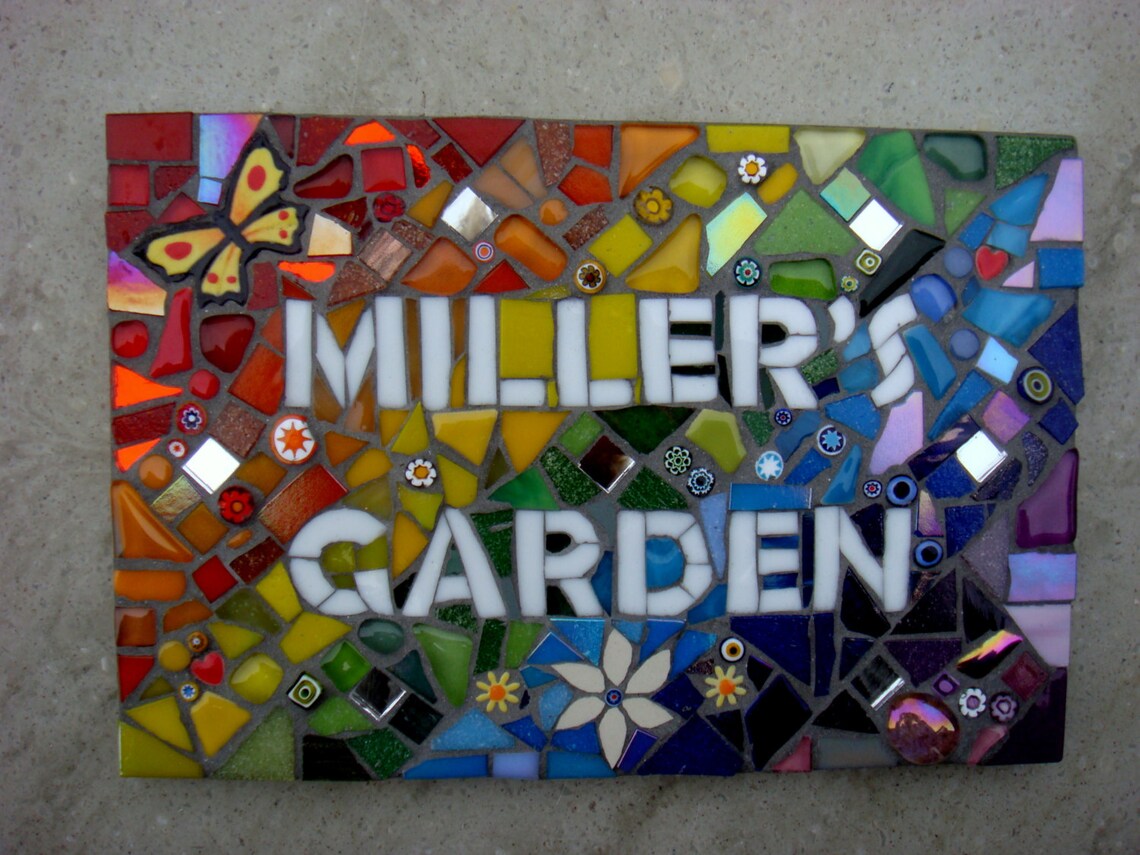 Rainbow Mosaic Garden Sign personalised plaque Garden | Etsy