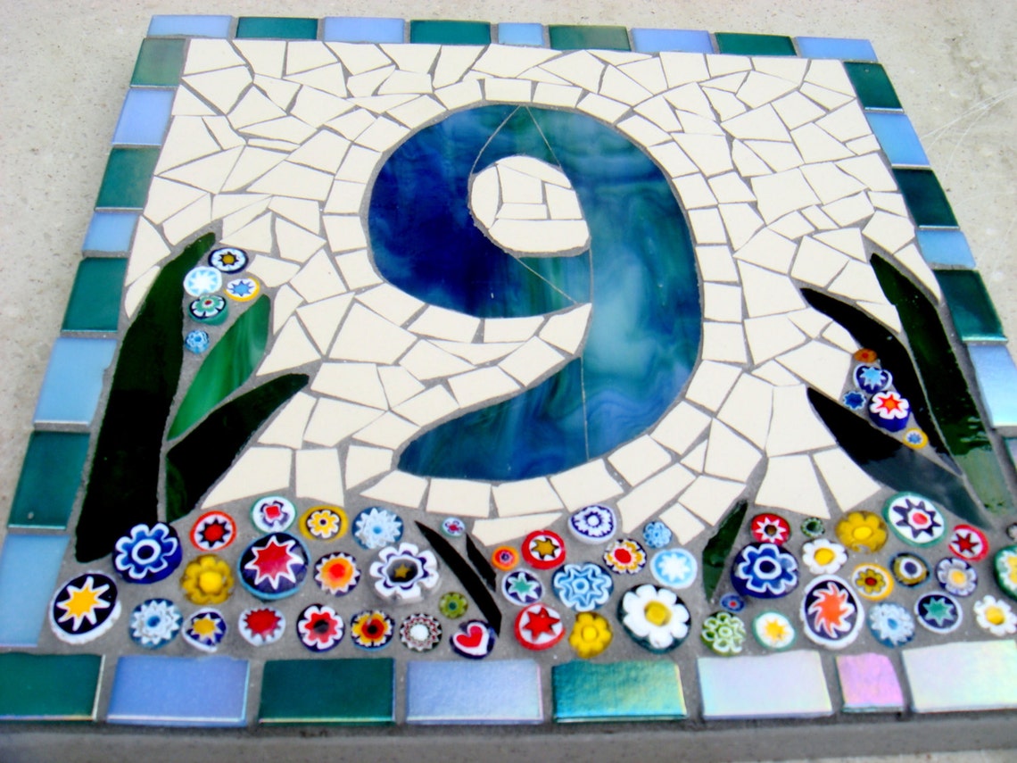 Handmade Mosaic House Number Sign: Blue Glass & Ceramic, Custom Address ...