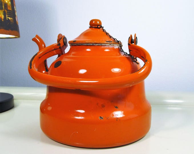 Vintage Enamel Teapot Orange Color Enamelware Teapot Coffee Kettle Made ...
