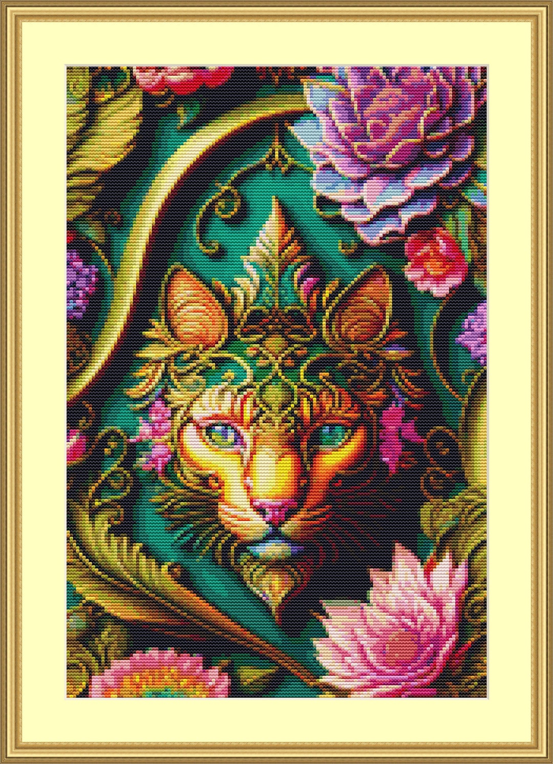 Floral Feline Cross Stitch Pattern: Flowers, Cat Portrait, Digital ...