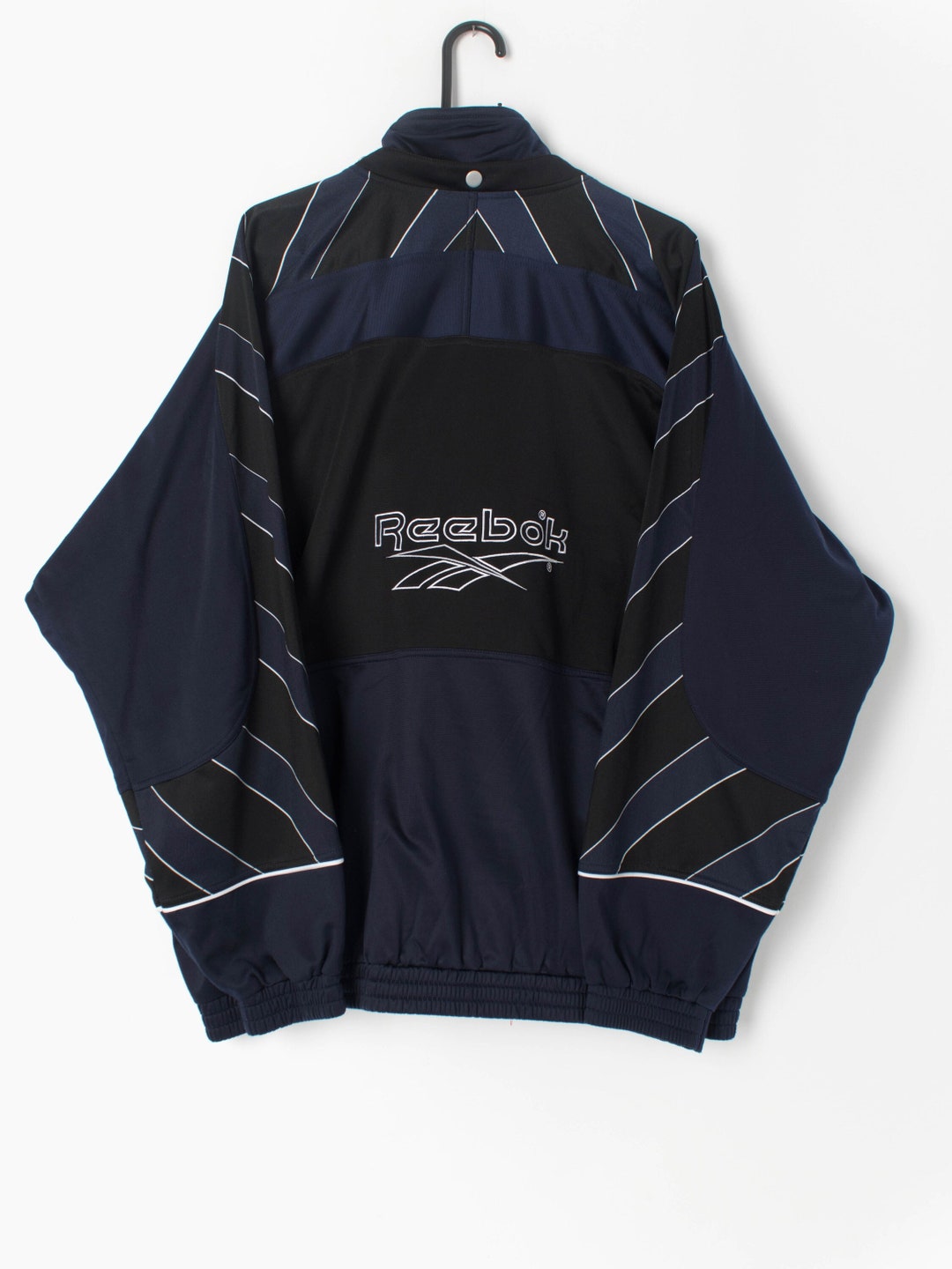 Vintage Reebok Track Jacket 90s Spell Out Striped Sleeves Black and ...