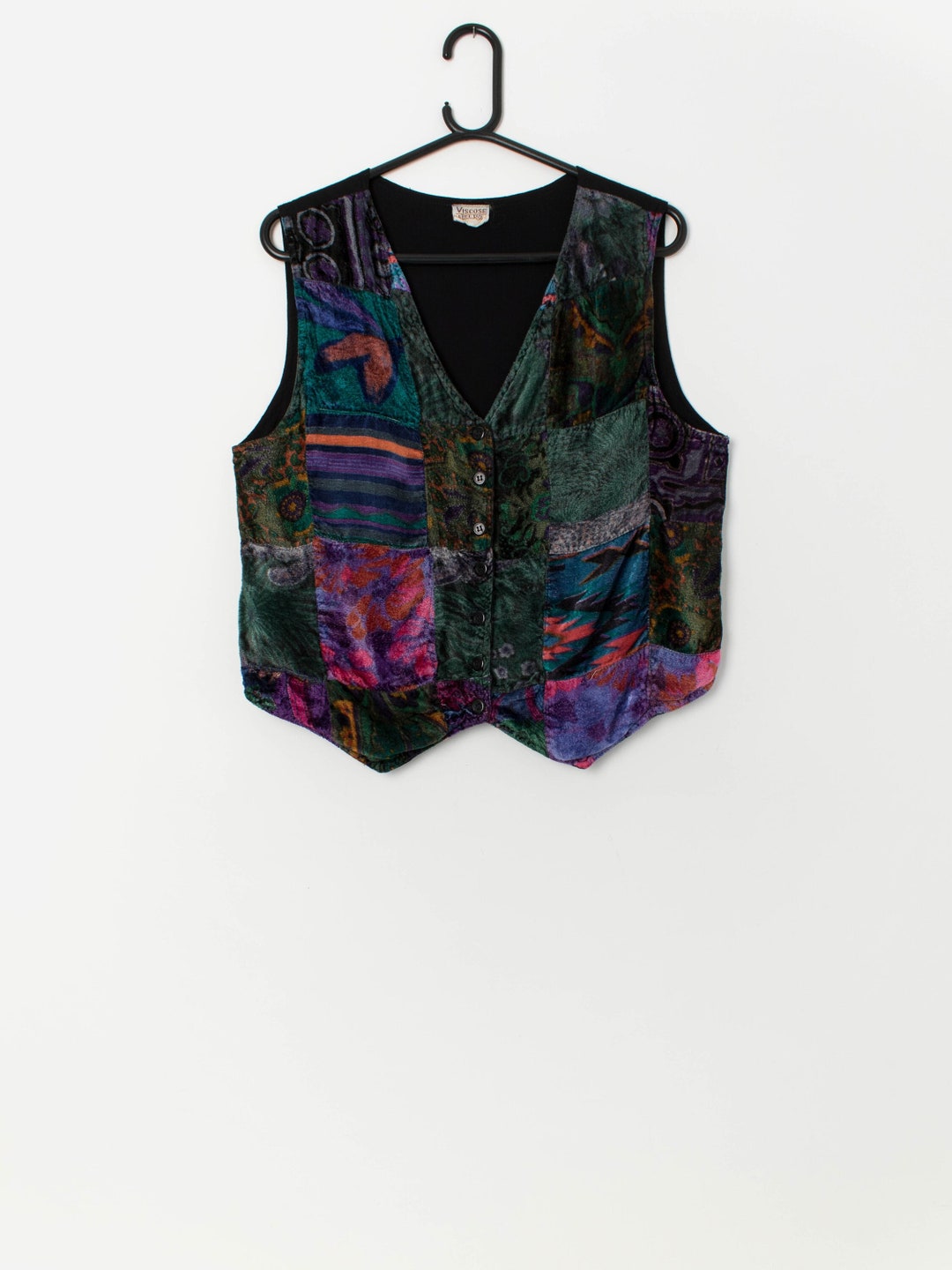 Vintage Colourful Crushed Velvet Patchwork Vest Waistcoat Medium ...