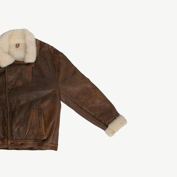 Vintage brown leather aviator jacket with faux fur li… - Gem