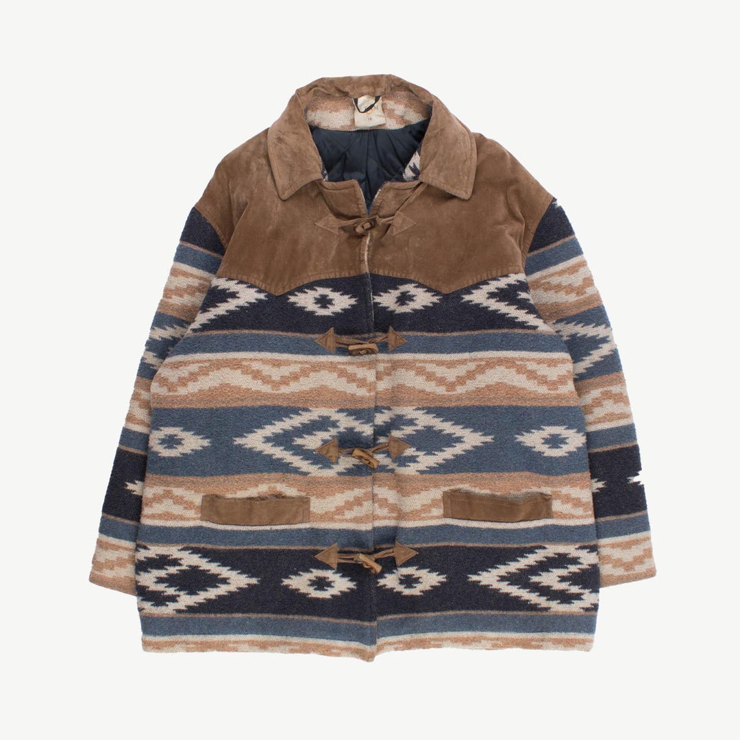 Women's Vintage Aztec Jacket in Blue Beige, Toggle Closure Coat, UK ...
