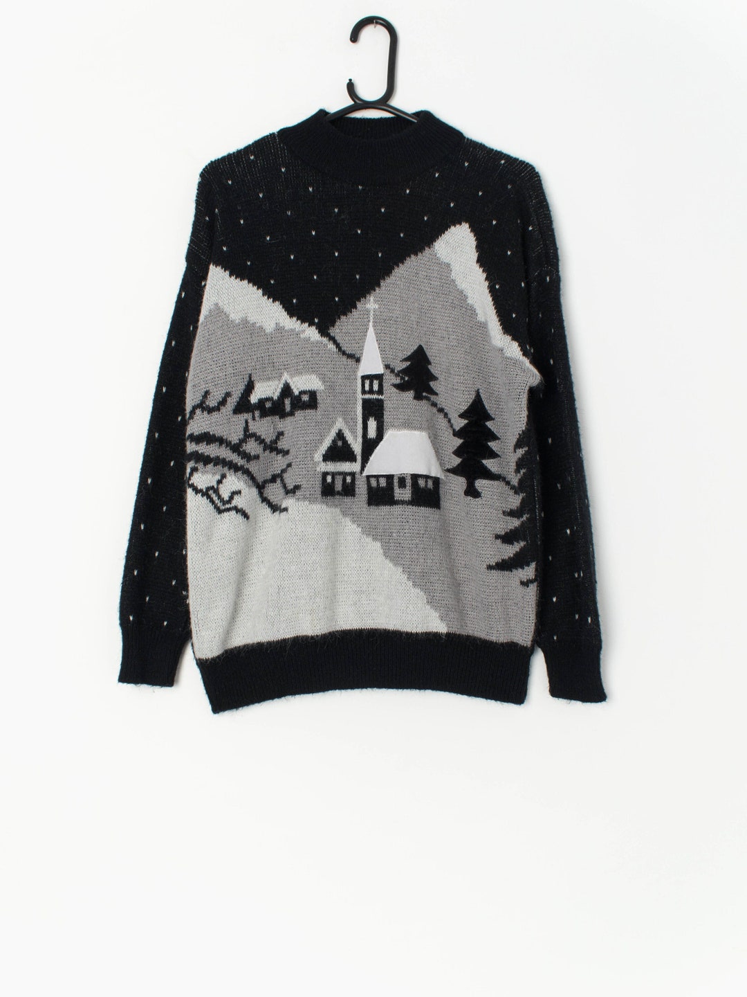 Vintage Christmas Greyscale Jumper With Applique Winter Scene - Etsy