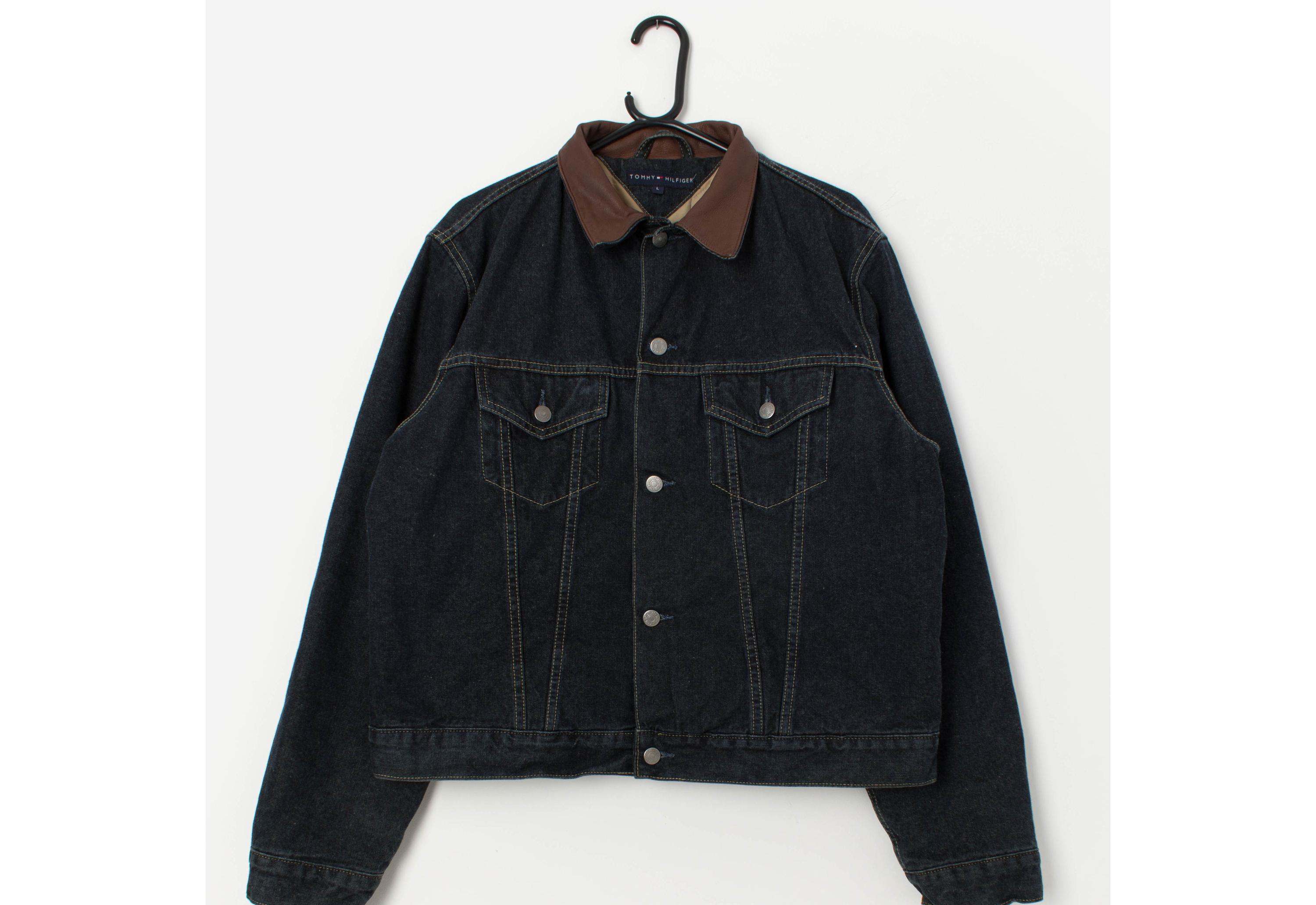 Vintage Tommy Hilfiger Herren Jeansjacke mit Lederkragen Medium Gefutterte Jeansjacke Etsy