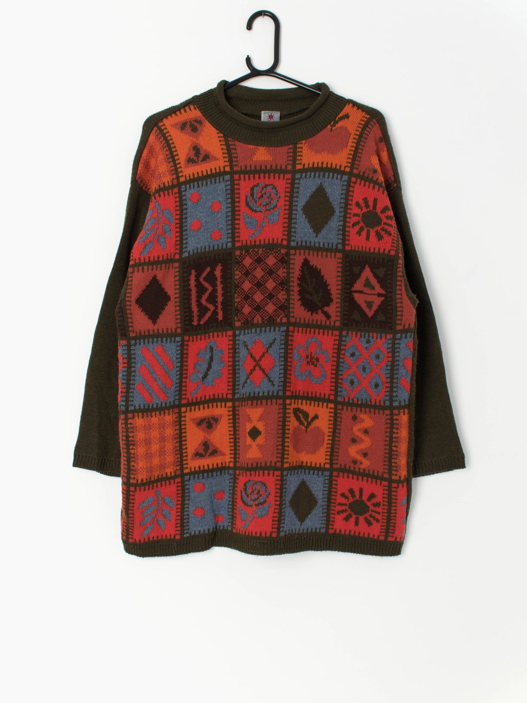 Vintage Bright Autumn Jumper With Green and Orange Patterns Medium ...