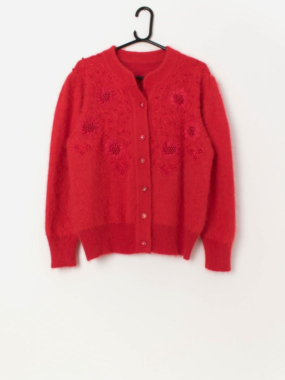 80s vintage bright red fluffy cardigan, angora embroi… - Gem