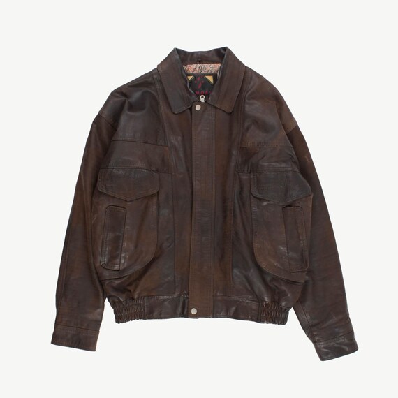Vintage brown leather bomber jacket, 'Top Gun' map pr… - Gem
