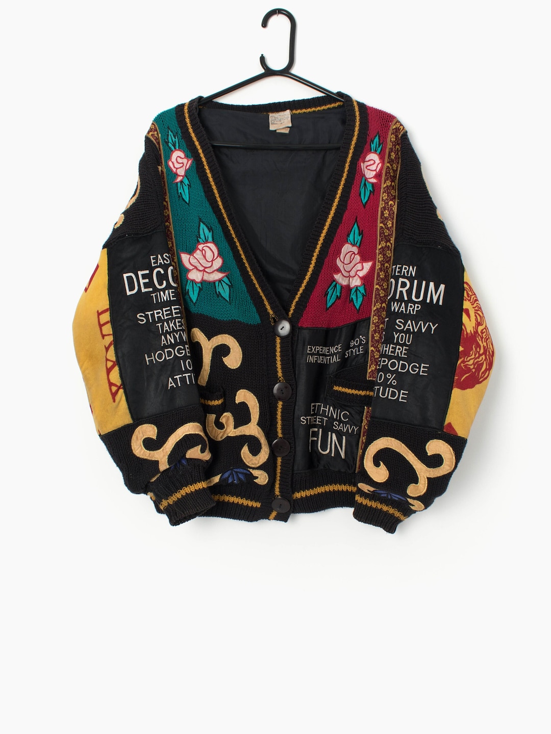 Vintage Knitted Funky Cardigan With Applique Roses Large / XL - Etsy