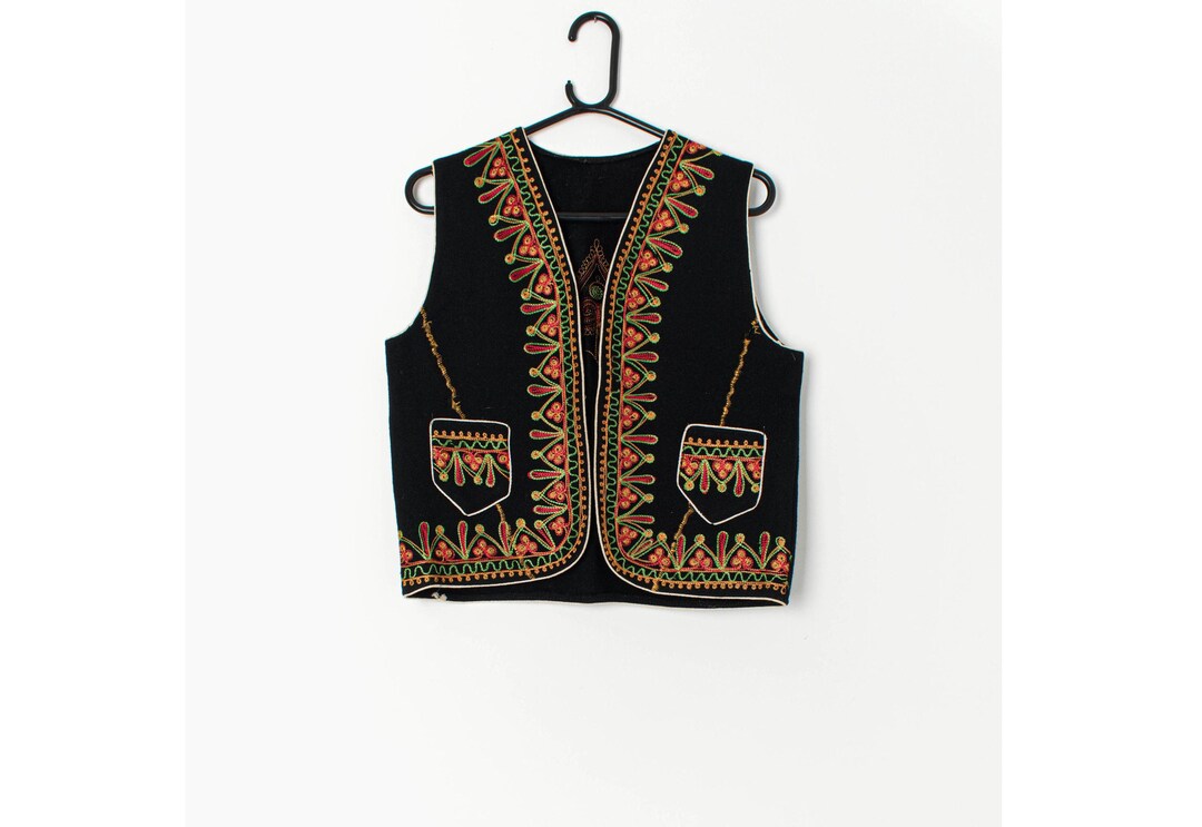 Vintage Embroidered Waistcoat in Black With Colourful Pattern Medium - Etsy