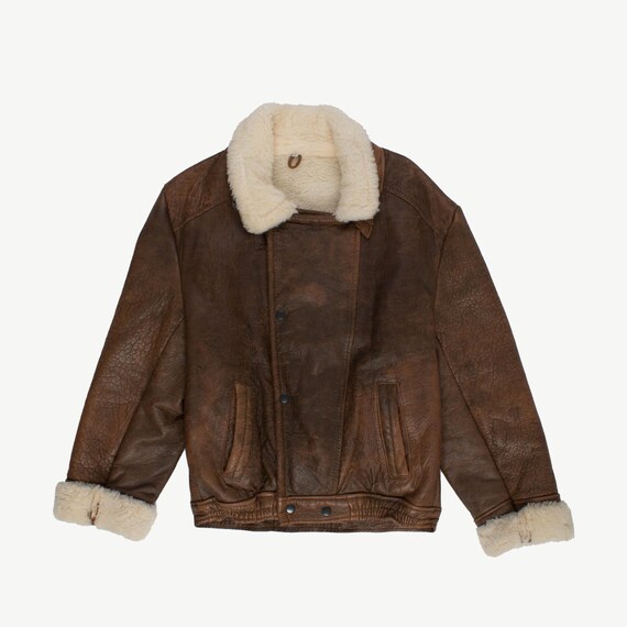 Vintage brown leather aviator jacket with faux fur li… - Gem