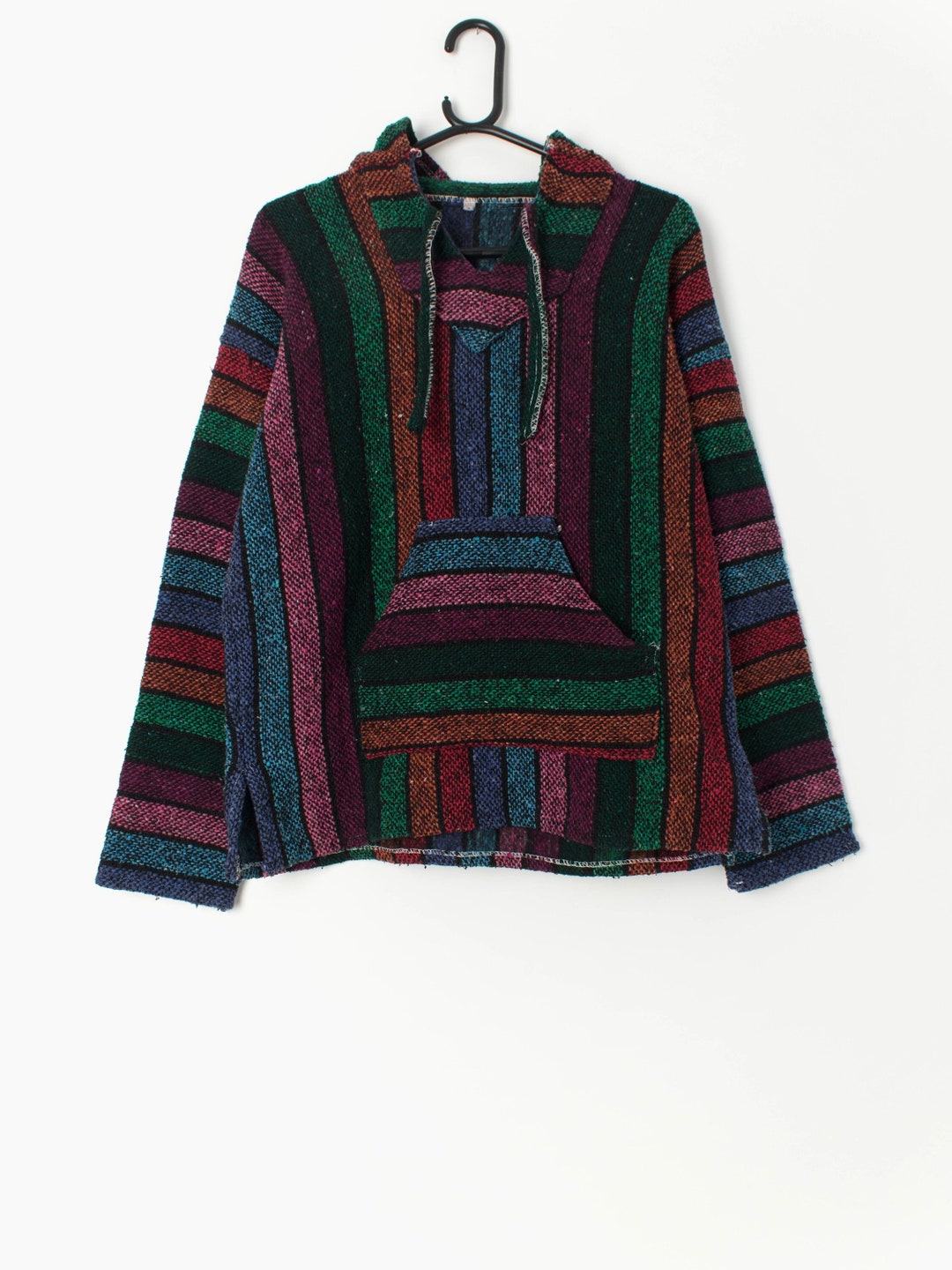 Vintage Baja Hoodie in Colourful Striped Design, Woven, Unisex Small ...