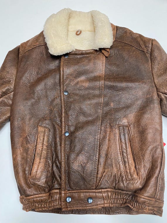 Vintage brown leather aviator jacket with faux fur li… - Gem