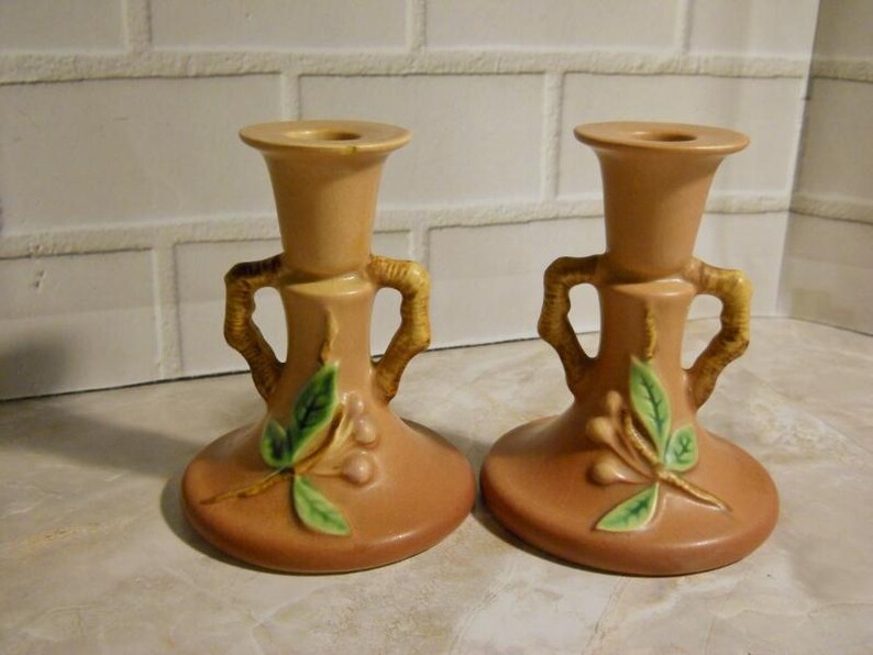 Vintage Roseville Pink Apple Blossom Pair Candlesticks 352-4 1/2 - Etsy