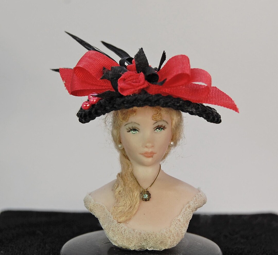 Black Miniature Silk Day Hat With Red Ribbon Roses Original by Nancy ...