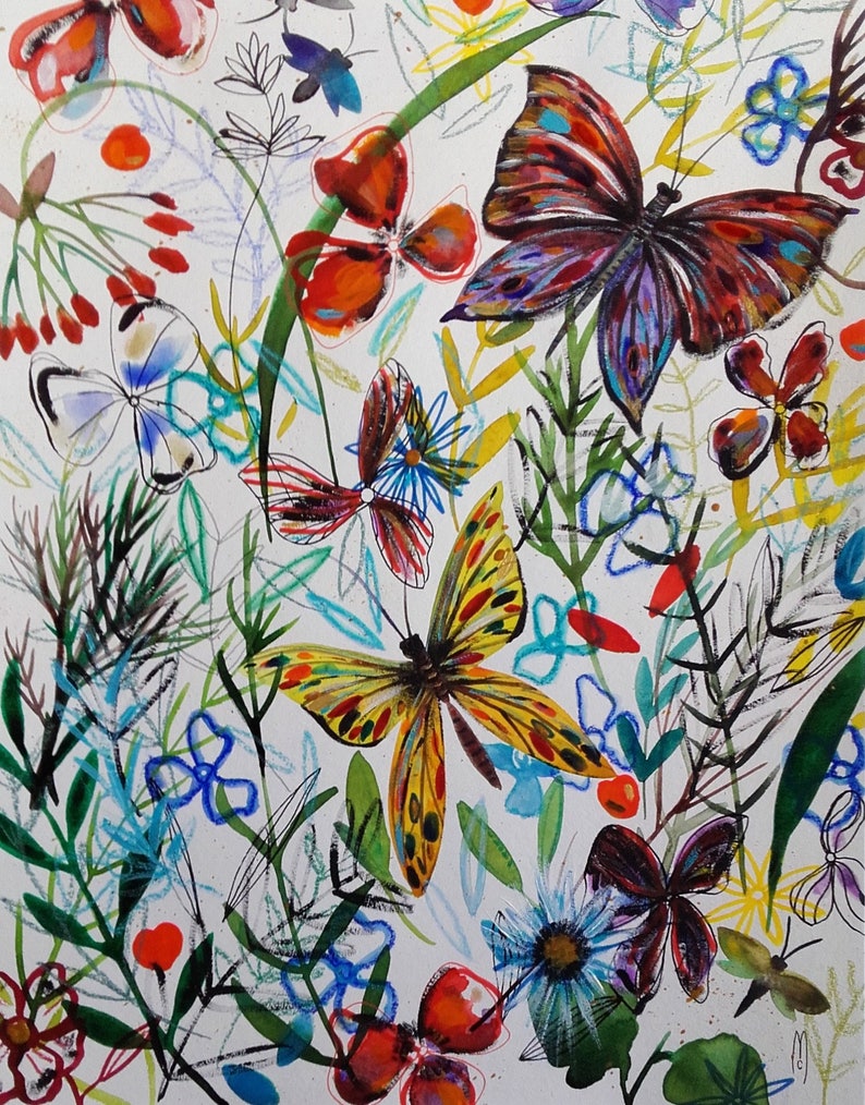 Butterflies Painting Butterflies Flowers Garden Art Nature | Etsy