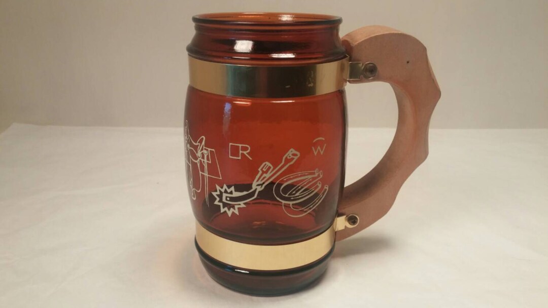 SIESTA WARE MUG Clear Brown Glass Western Themed Wooden Handle Great ...