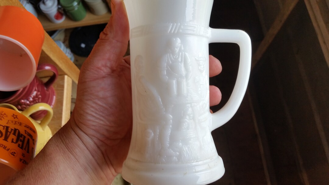 INDIANA GLASS TIARA Tavern Stein Mug Midieval Themed Milk Glass ...