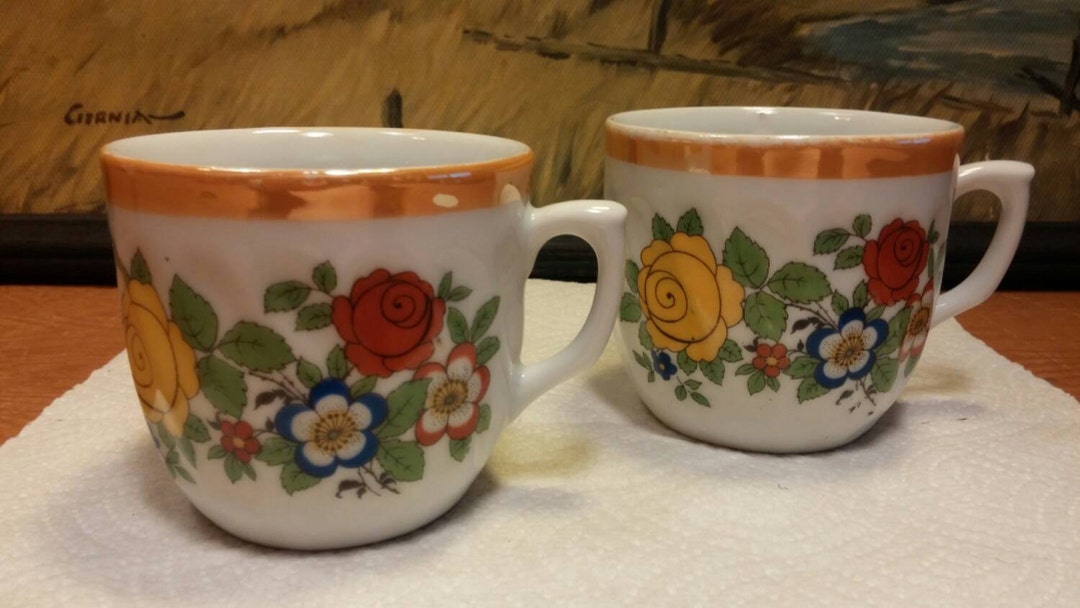 GERMAN LUSTERWARE MUGS Pair! Floral Themed Coffee / Tea Cups in ...