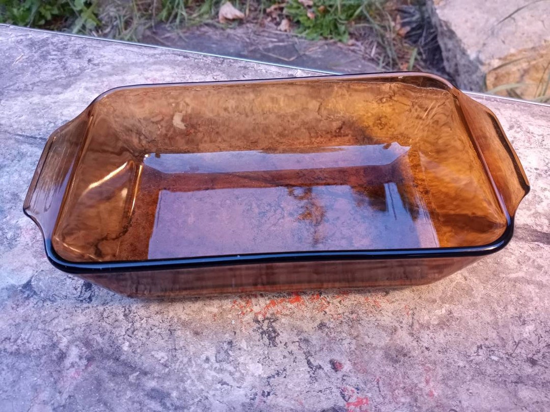 FIRE KING CASSEROLE 1 Quart Vision Brown Glass Rectangular With Handles ...