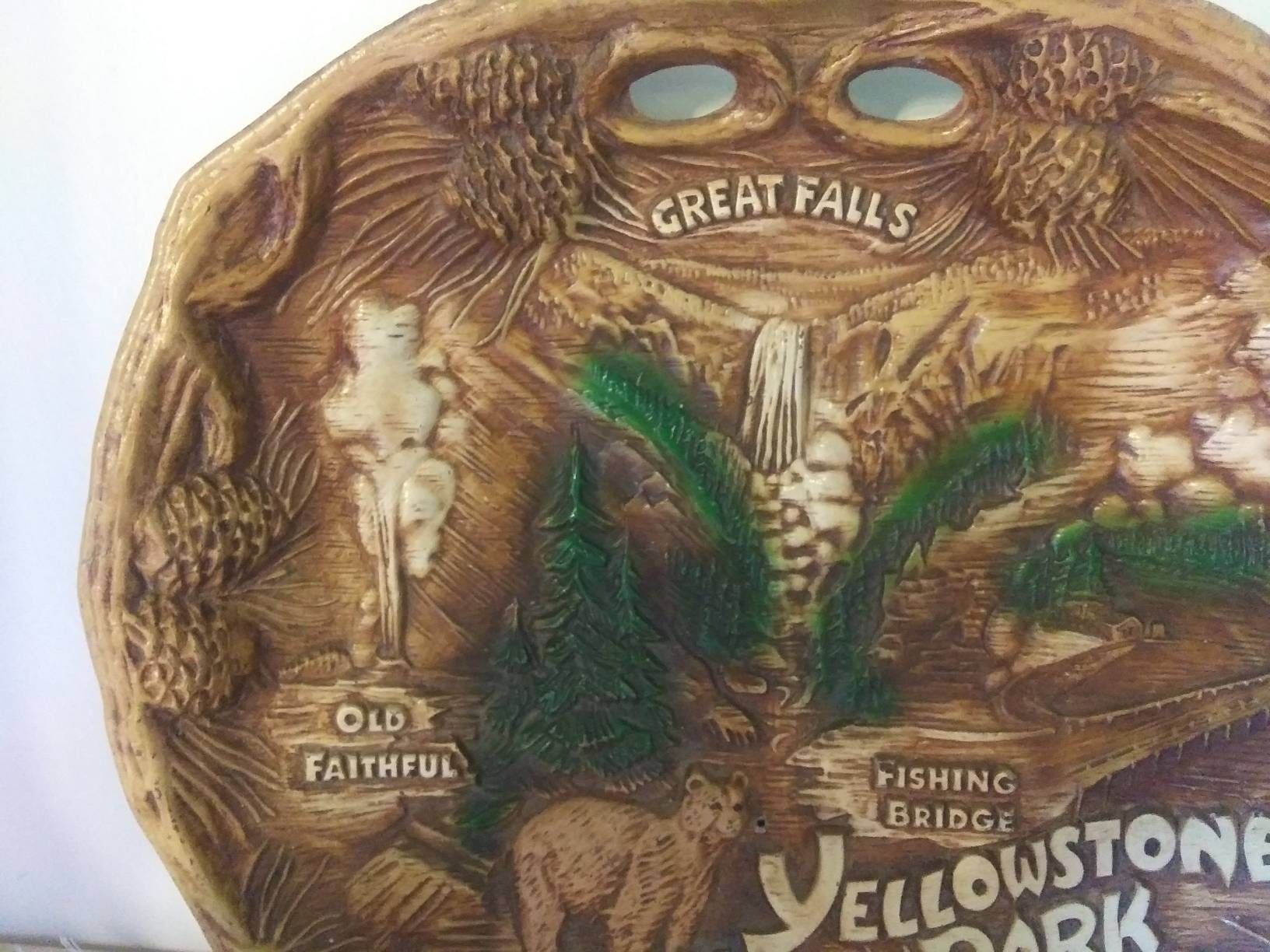 YELLOWSTONE SOUVENIR BOWL or Wall Hanging Made by "t A C O" Faux Wood ...