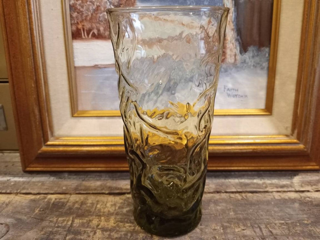 LIBBEY "aztec" GLASS Taller Olive Green Crinkle Finish Compare to ...