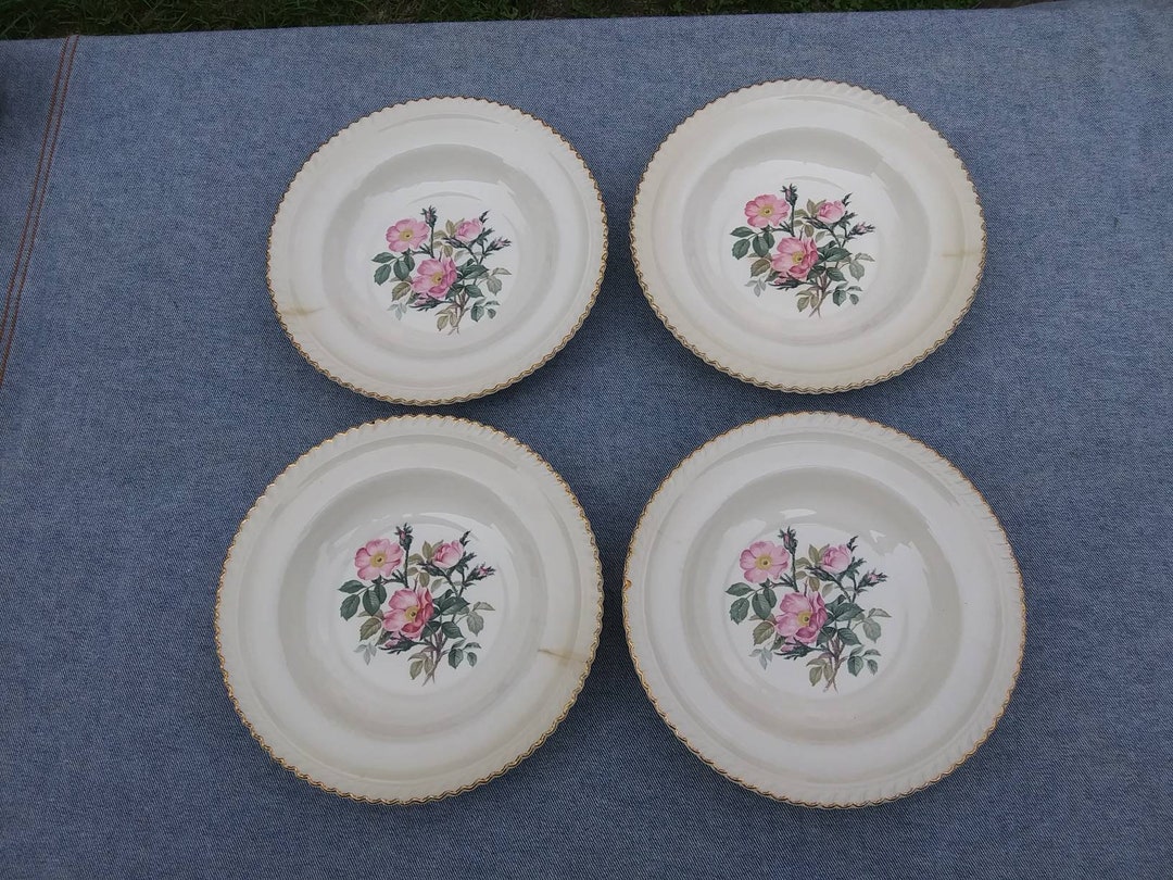 HARKER wild Rose Royal Gadroon Cereal or Soup Bowls Distressed Set of ...