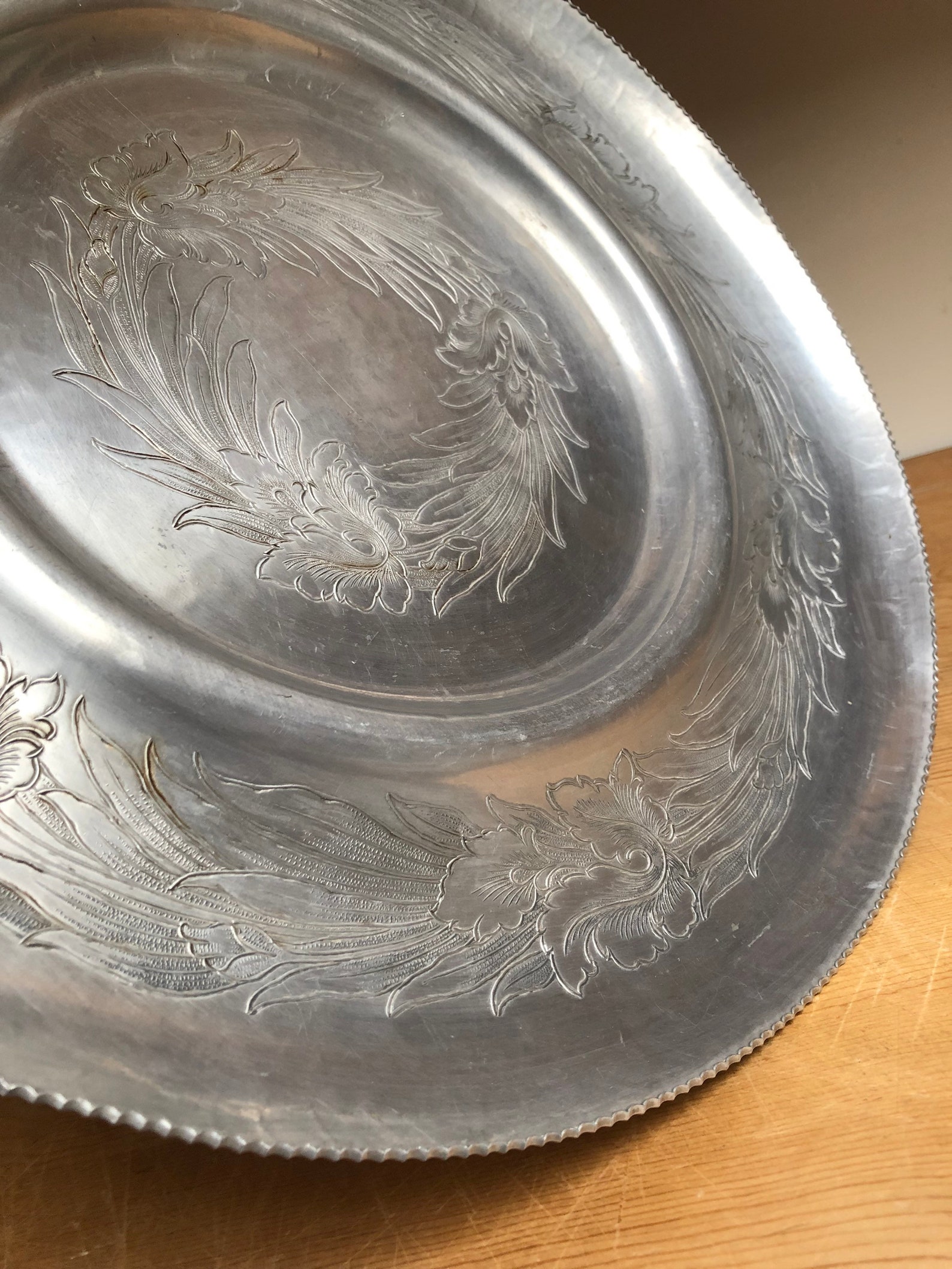 Vintage Hand Forged Metal Serving Tray Floral Embossed Hammered ...