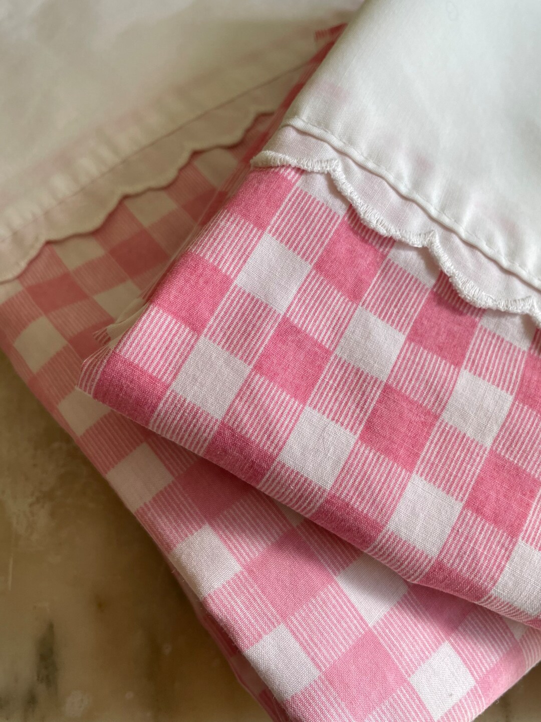 Vintage Gingham Sheet Set Pink Check Flat Sheet Pillowcase Shabby ...