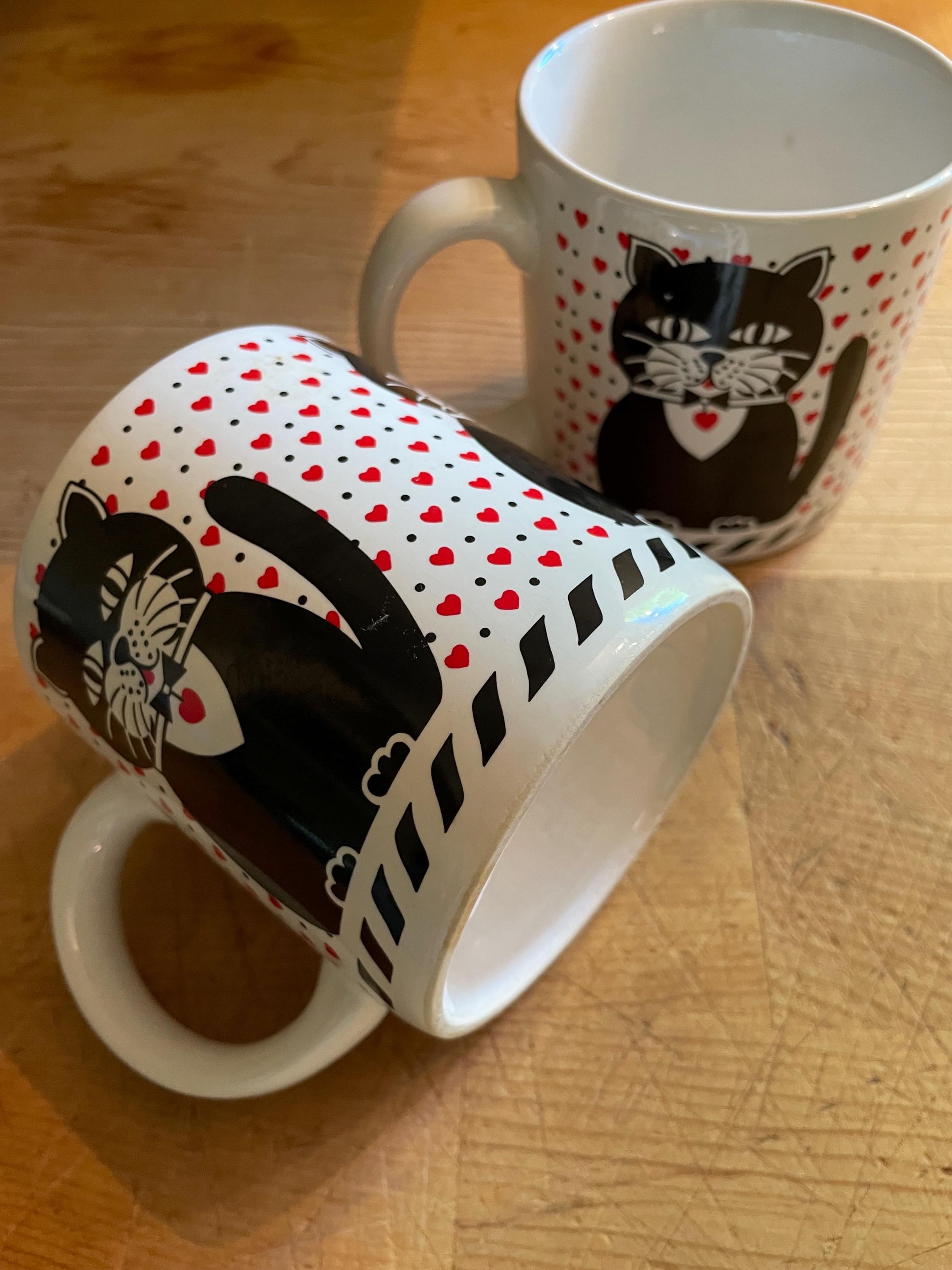 Vintage Cat Mugs, Pop Culture Kitty Cat Mug Pair, Red White and Black ...