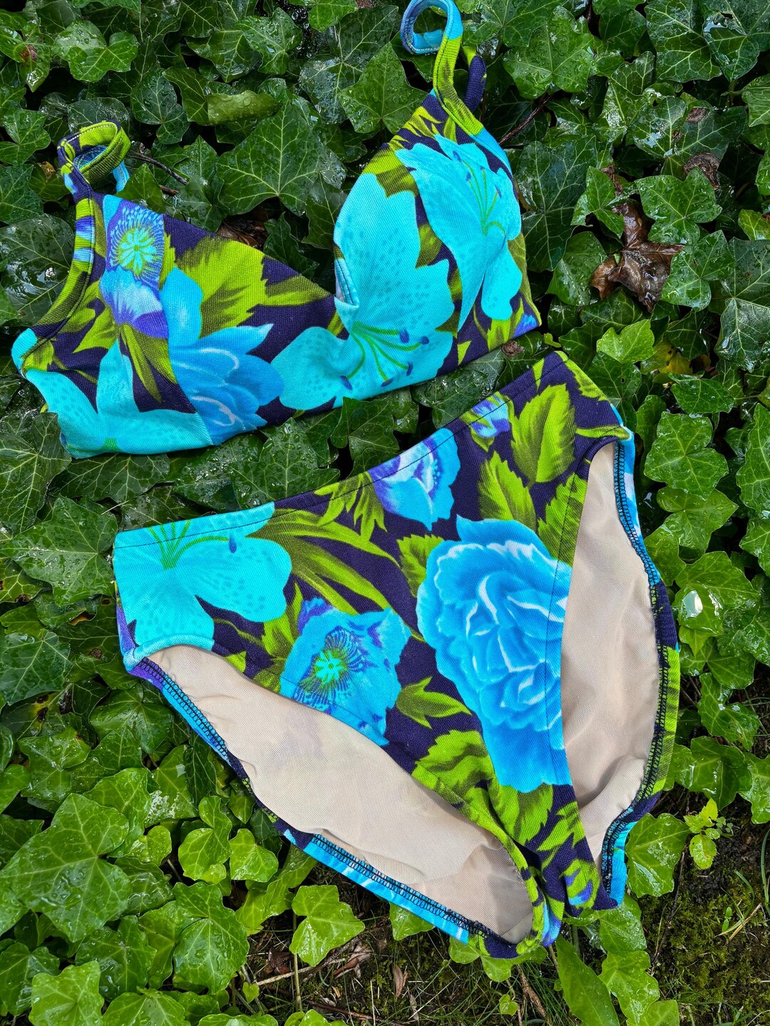 Vintage Floral Bikini Vibrant Blue Green High Waist Full Coverage ...
