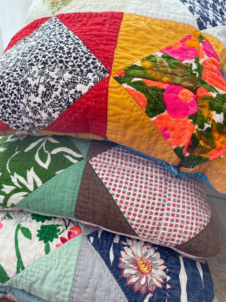 Vintage Patchwork Pillows Quilted Flower Power Decorative Pillow Set 70s Mod Floral Hippie Throw ...