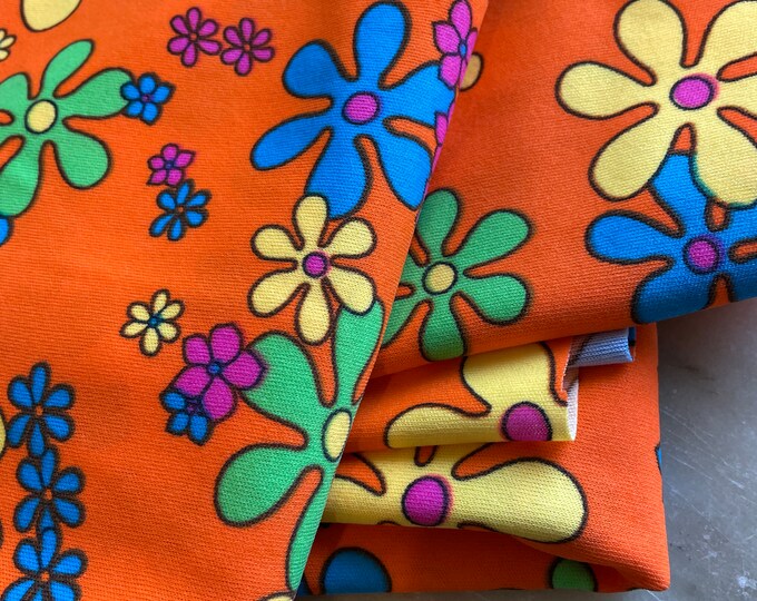 Vintage Flower Power Fabric 70s Mod Fashion Fabric Orange Green Blue ...