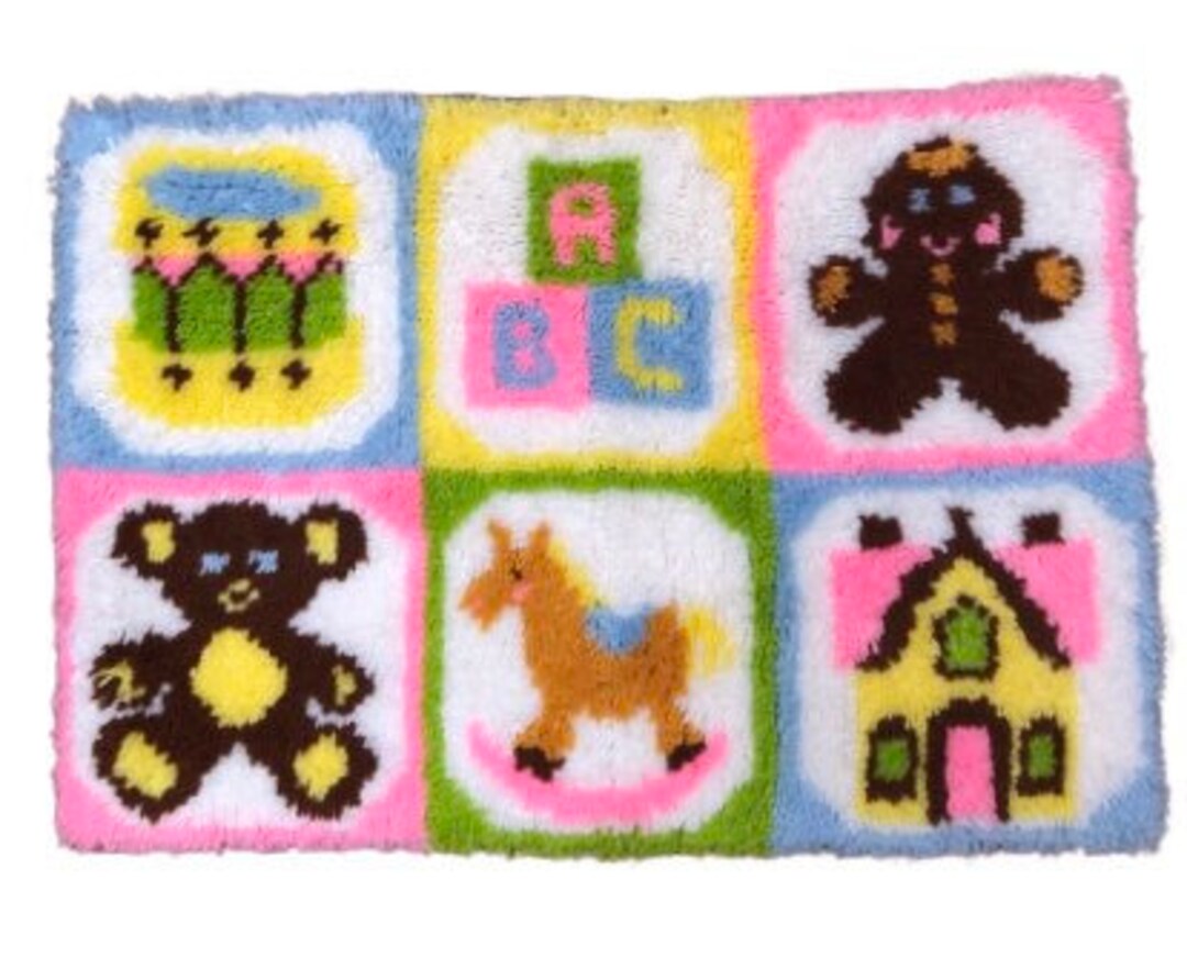 Vintage Latch Hook, Babys Room Wall Hanging, Pastel Rocking Horse Teddy ...